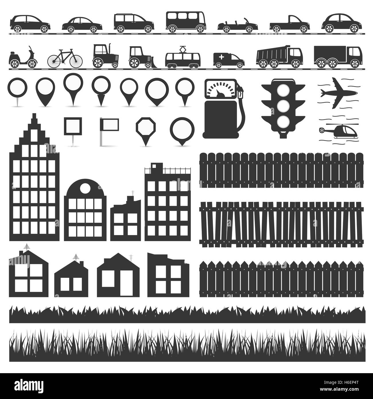 City elements collection - transport, map markers, houses and buildings ...
