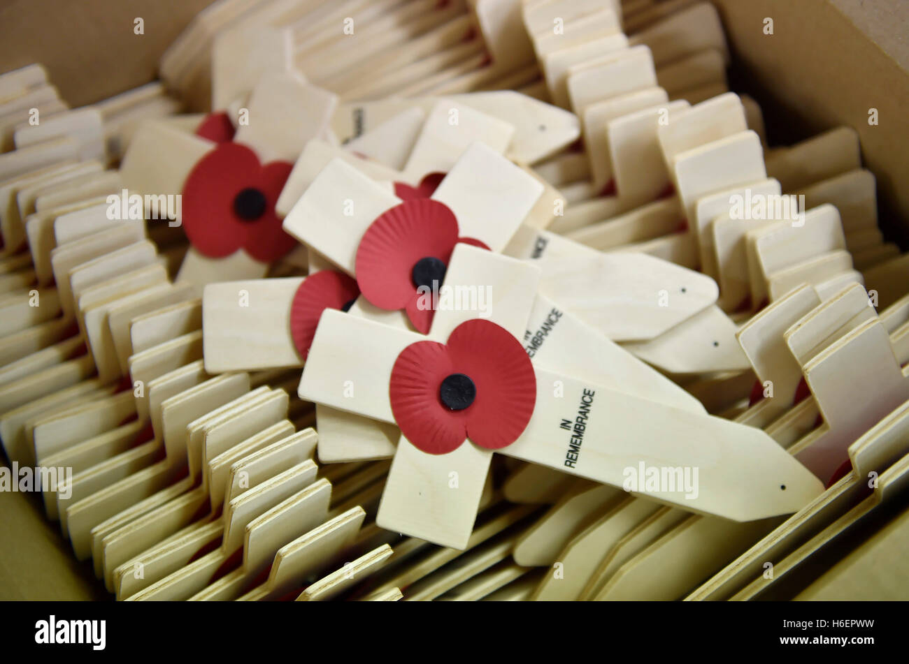 Christian remembrance crosses at a Poppy Factory in Richmond, London ...