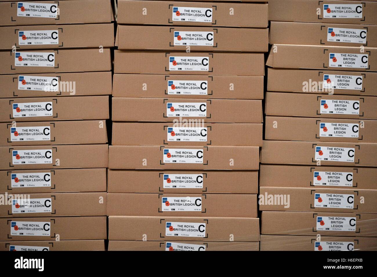 Boxes containing The Royal British Legion poppy wreaths at a Poppy ...