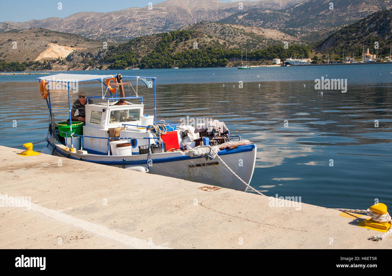Fishing boats in the port of Argostoli on the Greek island of Kefalonia ...