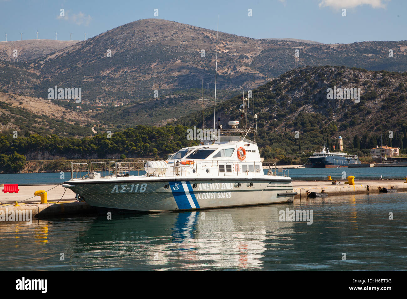 Hellenic coastguard boat in the harbour at the port of Argostoli the ...