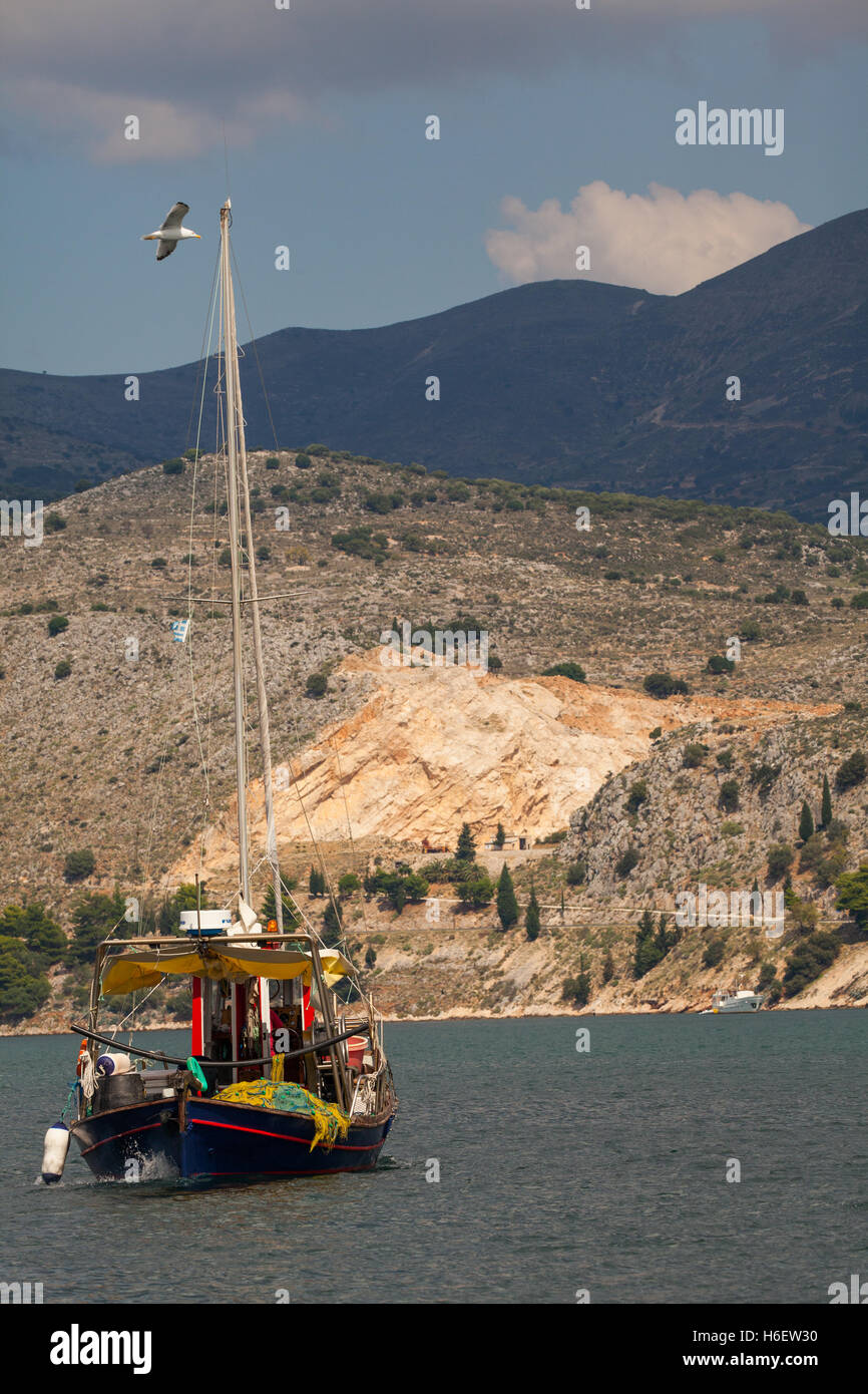 Fishing boat leaving the port of Argostoli on the Greek island of ...