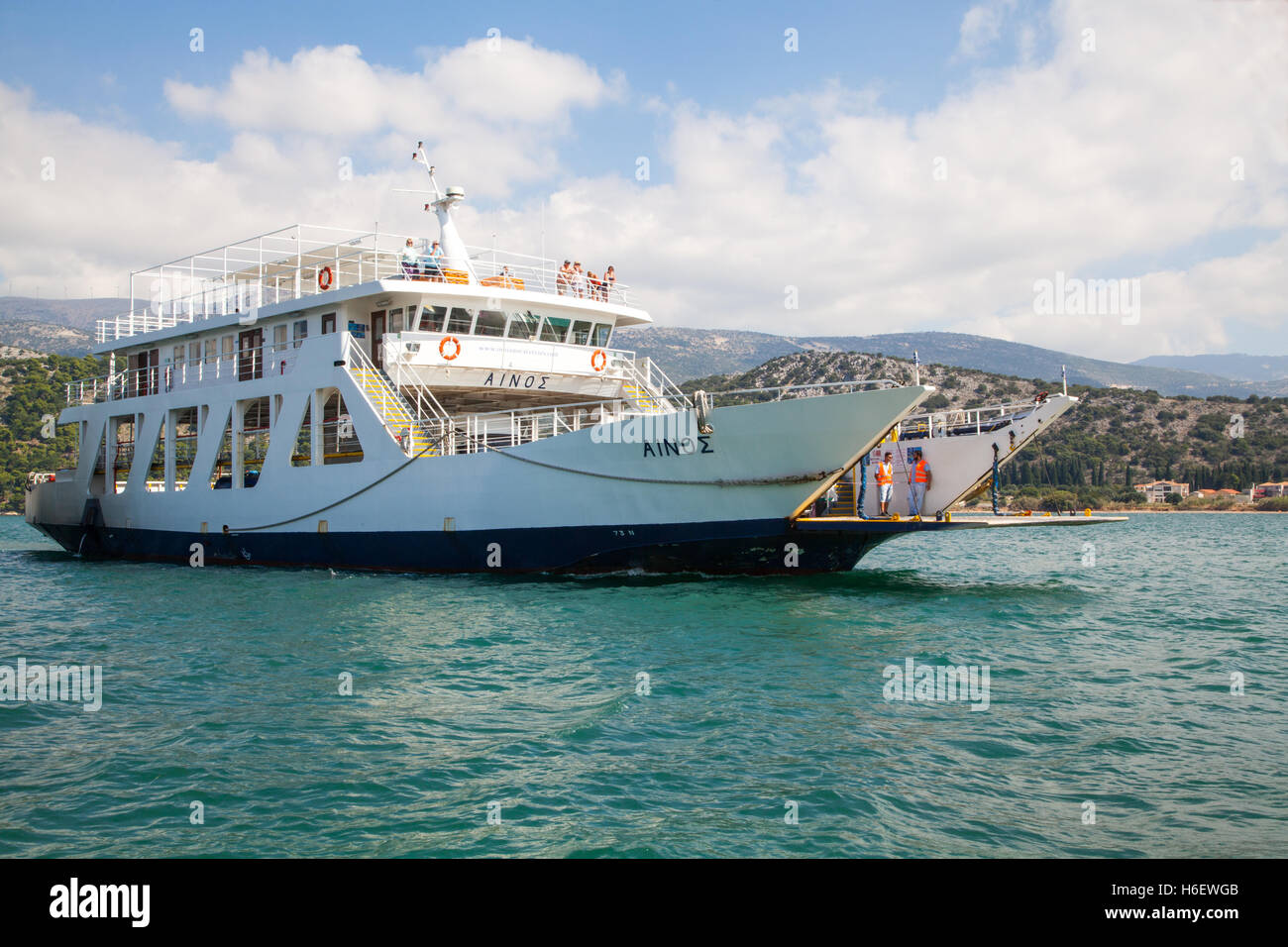 Ferry boat at the port of Argostoli crossing to Lixouri on the Greek ...