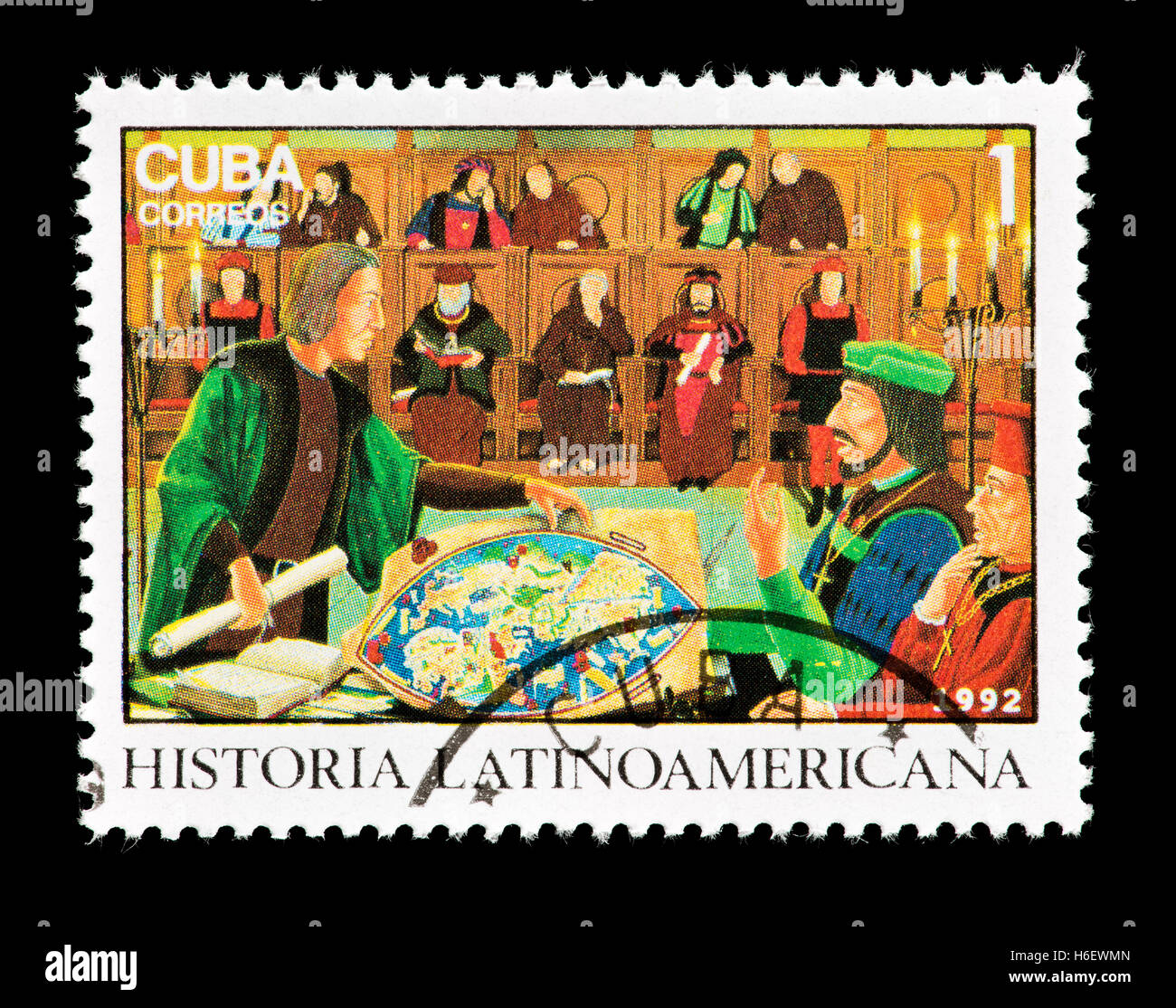 Postage stamp from Cuba depicting Christopher Columbus presenting his ...