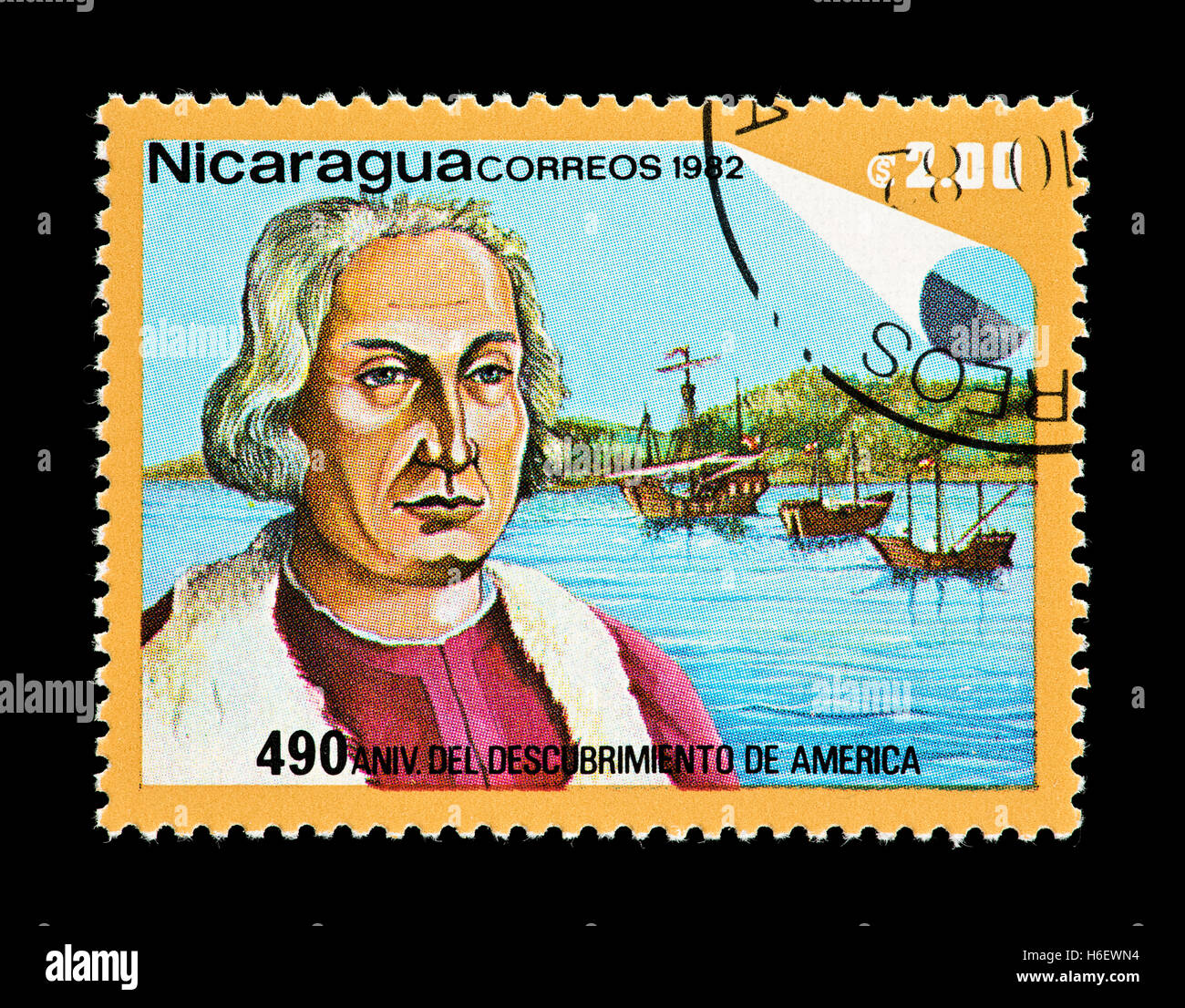 Postage stamp depicting Christopher Columbus and ships at anchor Stock ...