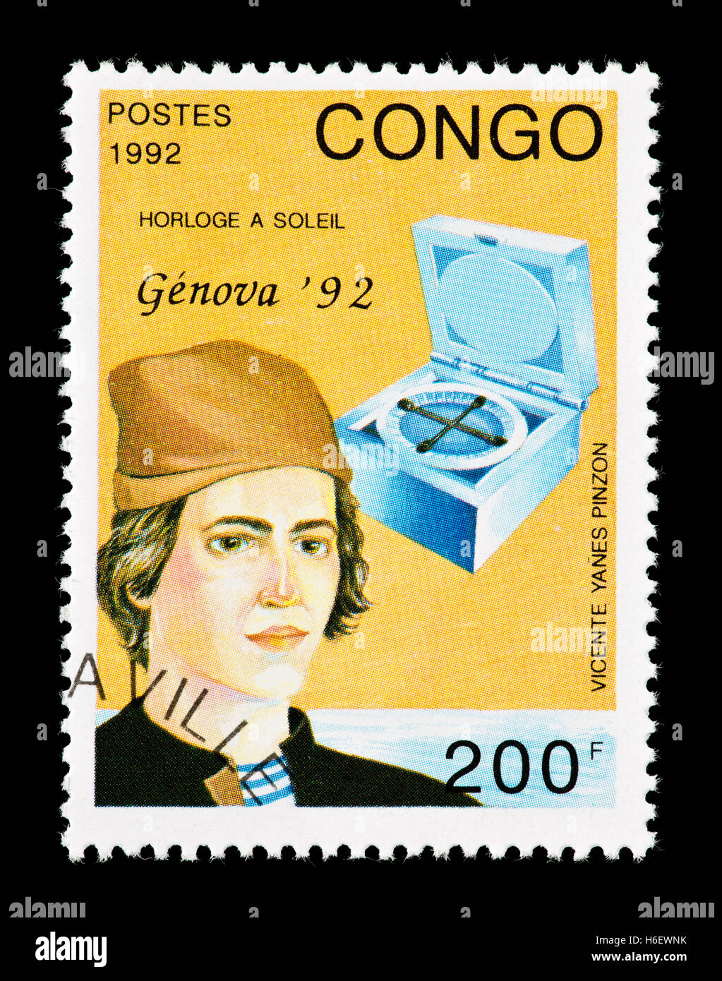 Postage stamp from Congo depicting Vicente Yanez Pinzon and a sundial ...