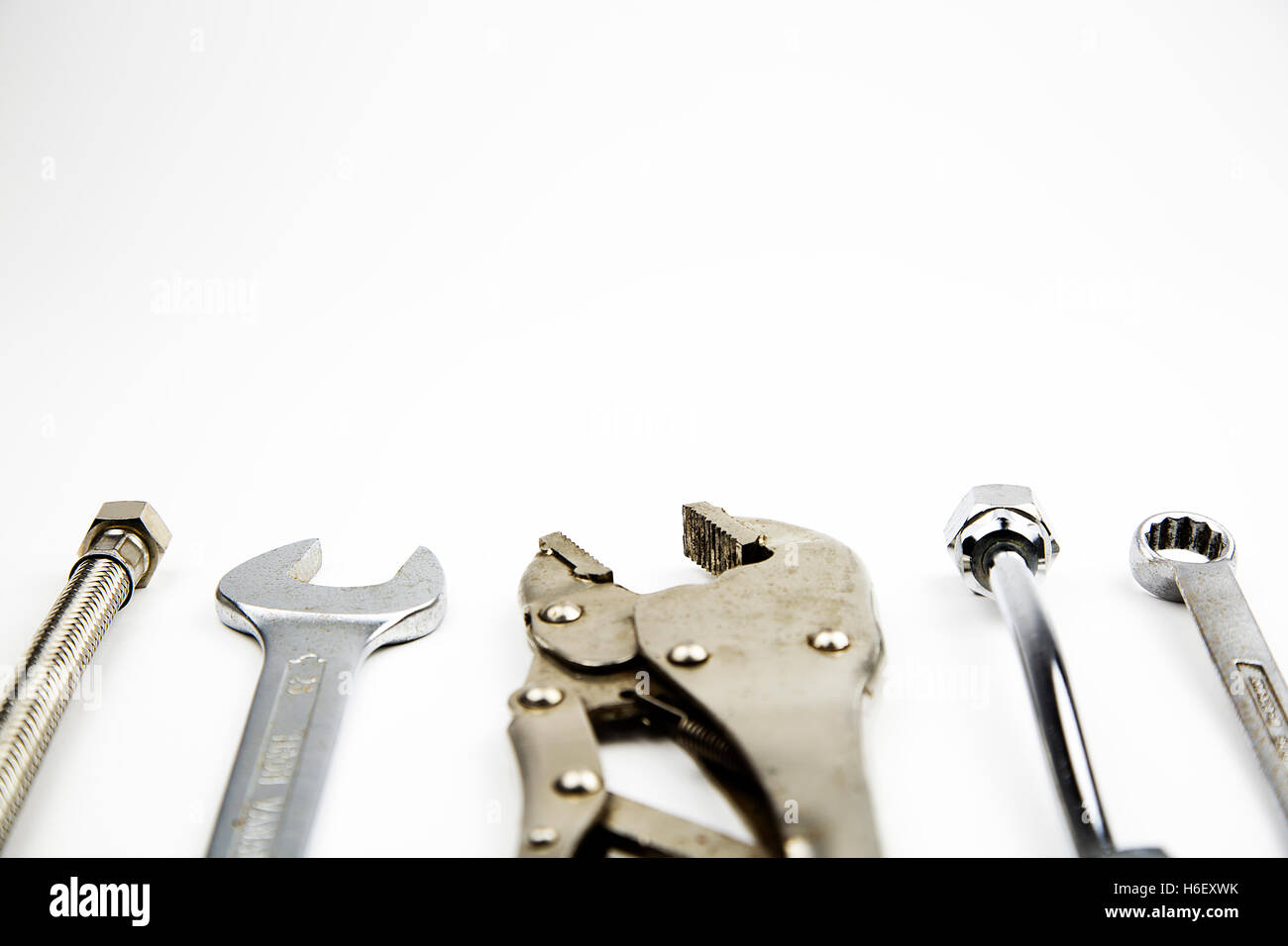 overhead of an essential tool kit for plumber Stock Photo - Alamy