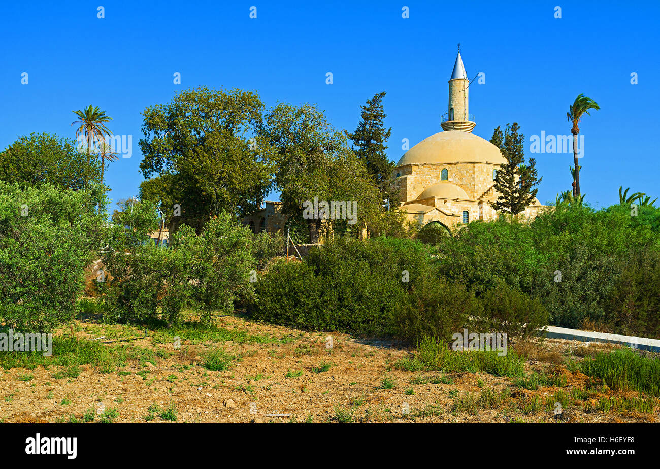 The medieval mosque among the scenic green garden on the bank of ...