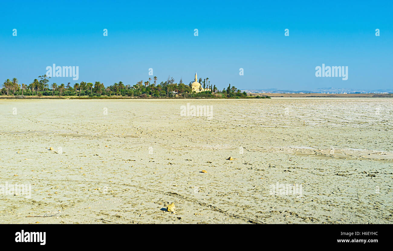 The dried up Larnaca Salt lake with the ancient mosque on its bank ...