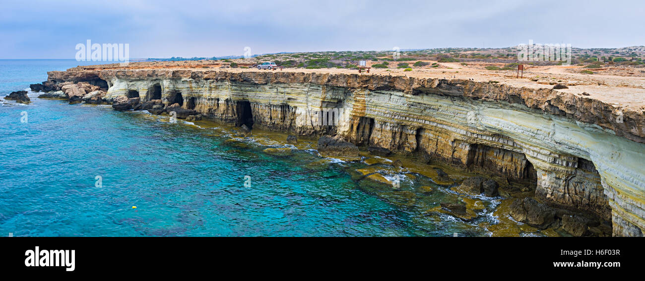 Panorama of the scenic coast of Famagusta bay with the white cliffs and ...