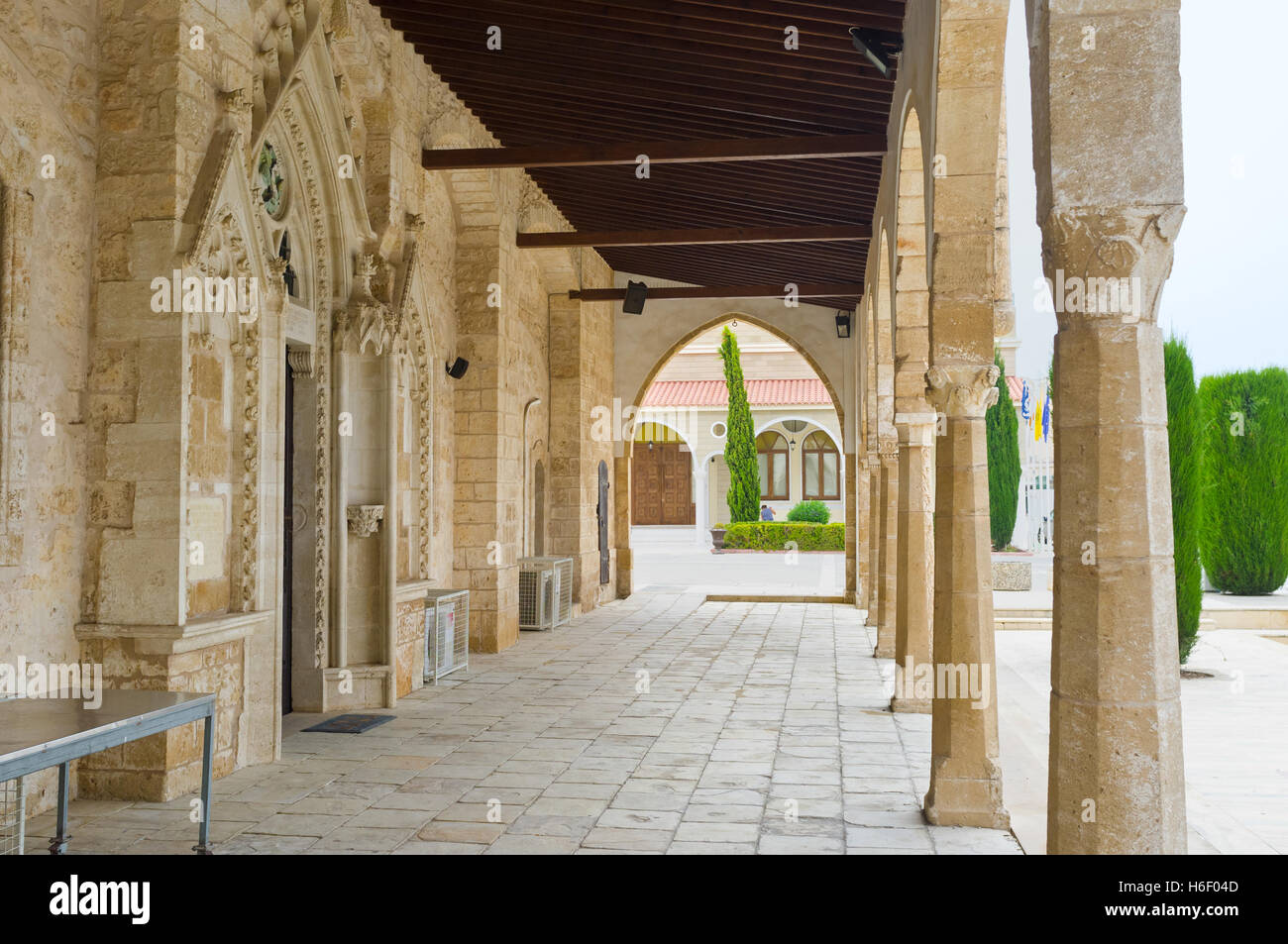 Portico of medieval church of St George with the stone columns and the ...