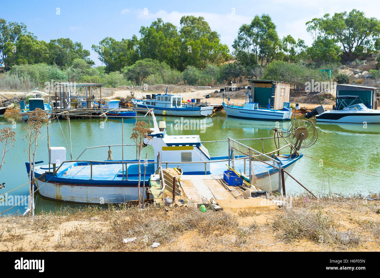 The fishing village of Liopetri with many old boats, moored on the ...