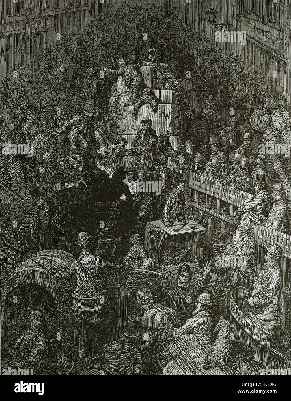 United Kingdom. London. A city thoroughfare. Engraving by Gustave Dore ...