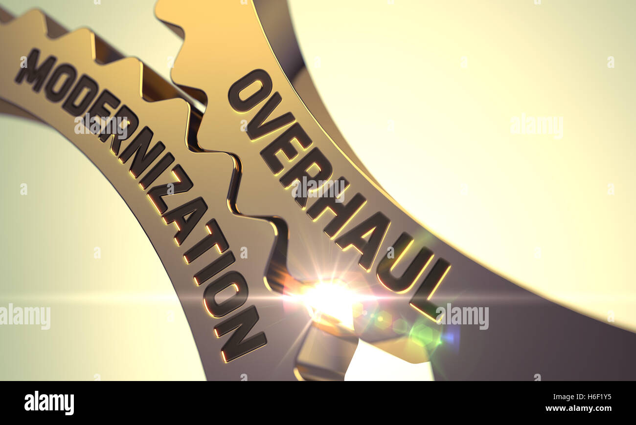 Golden Cog Gears with Overhaul Modernization Concept. 3D Stock Photo ...