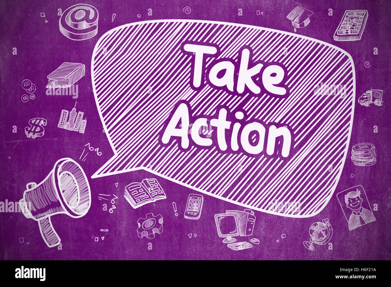 Take Action - Hand Drawn Illustration on Purple Chalkboard Stock Photo ...