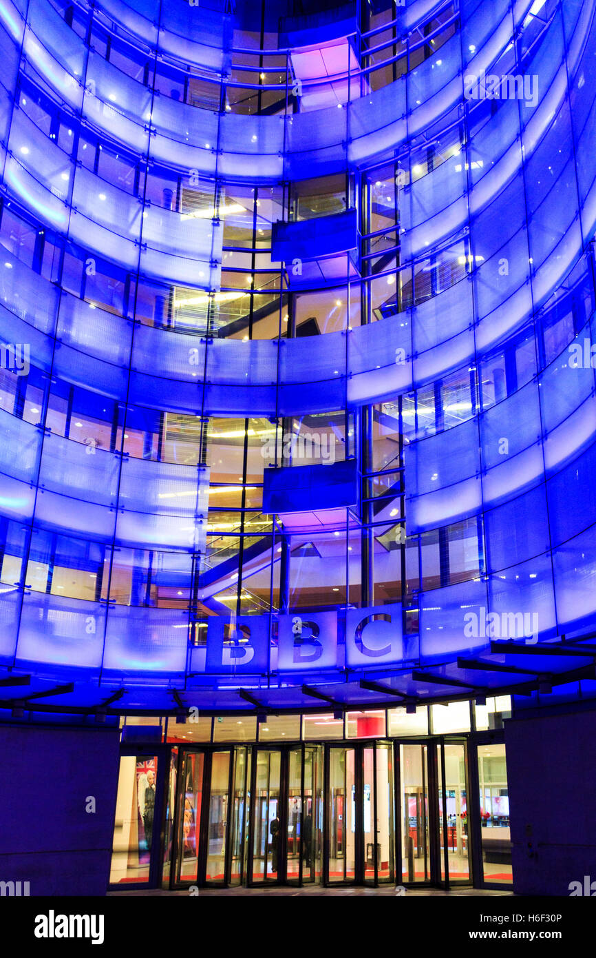 The illuminated foyer BBC Broadcasting House at night, Langham Place ...