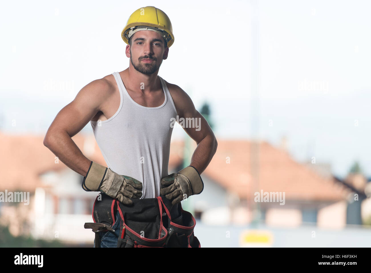 Portrait Of Handsome Male Architect Engineer With Yellow Helmet Stock ...