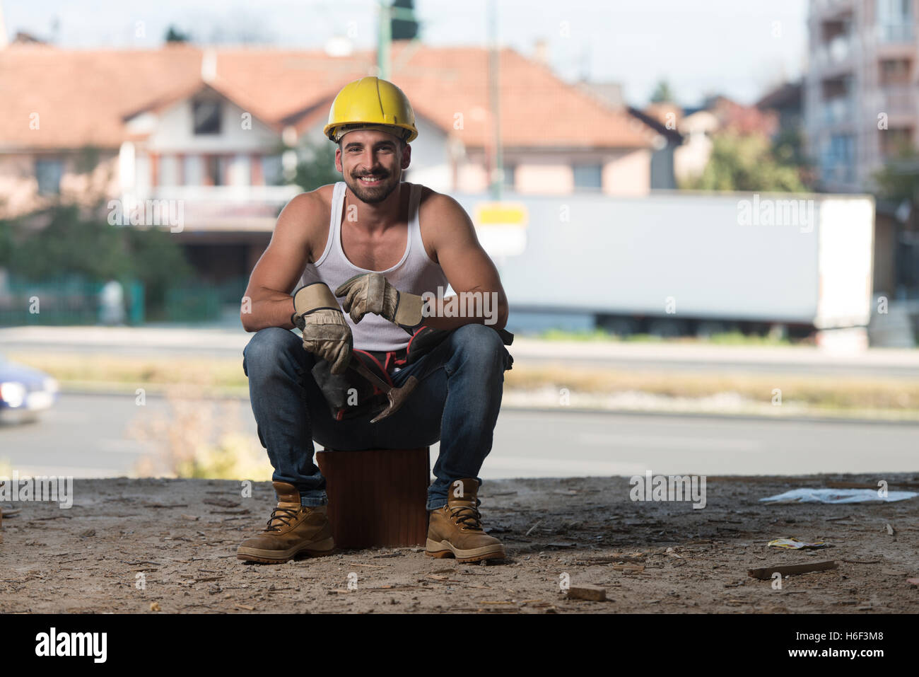 Construction Worker Relaxing The Fresh Air During Work Stock Photo - Alamy