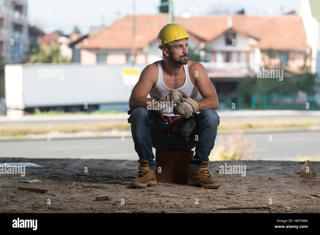 Construction Worker Relaxing The Fresh Air During Work Stock Photo - Alamy