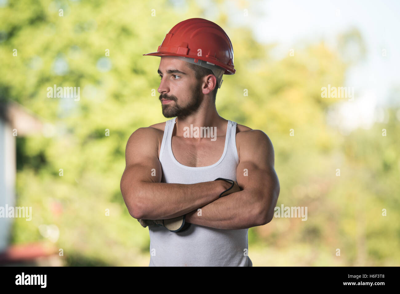 Portrait Of Handsome Male Architect Engineer With Red Helmet Stock ...