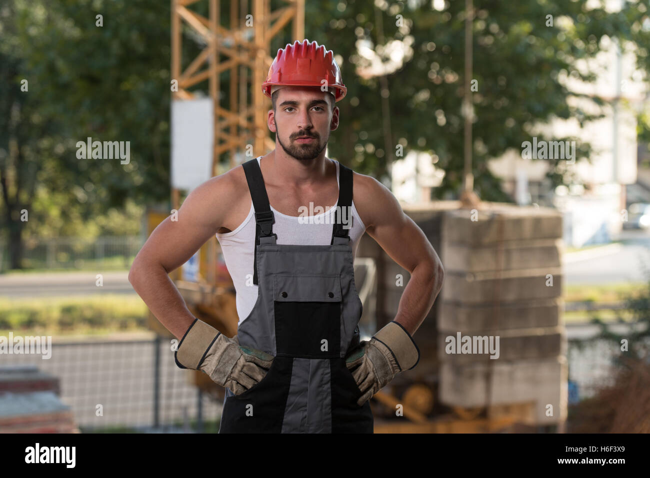 Portrait Of Handsome Male Architect Engineer With Red Helmet Stock ...