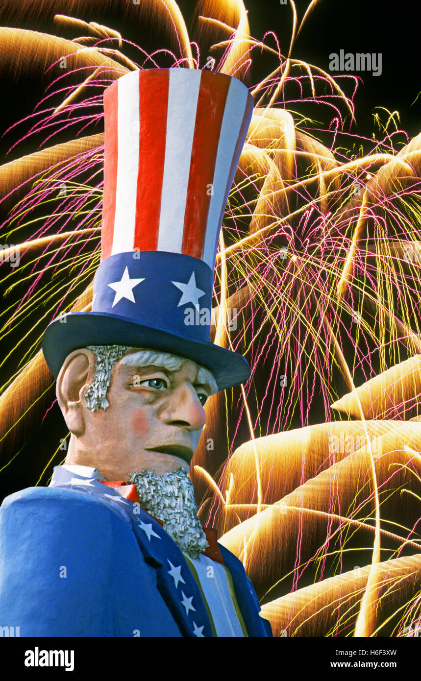 July 4, 2016: A portrait of uncle Sam during a fireworks show on the ...
