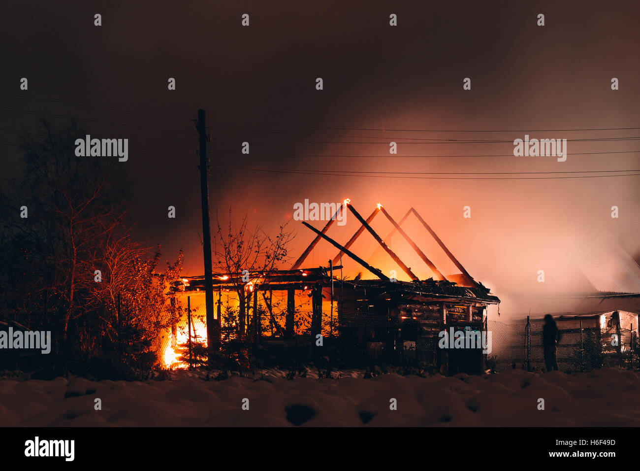 Exploding architecture damaged burning smoke house roof hi-res stock ...
