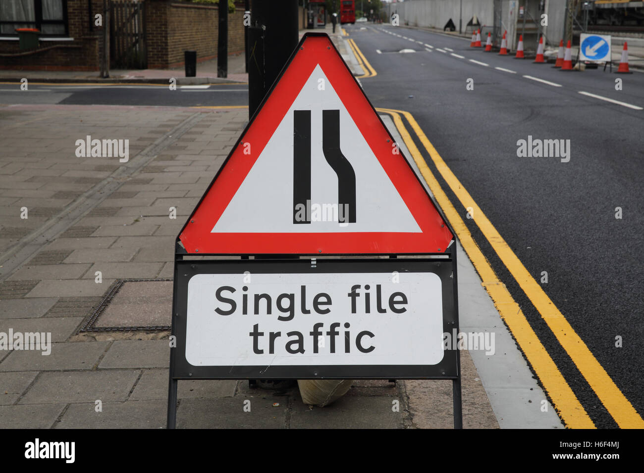 Roadworks single file sign in east London, England, UK Stock Photo - Alamy