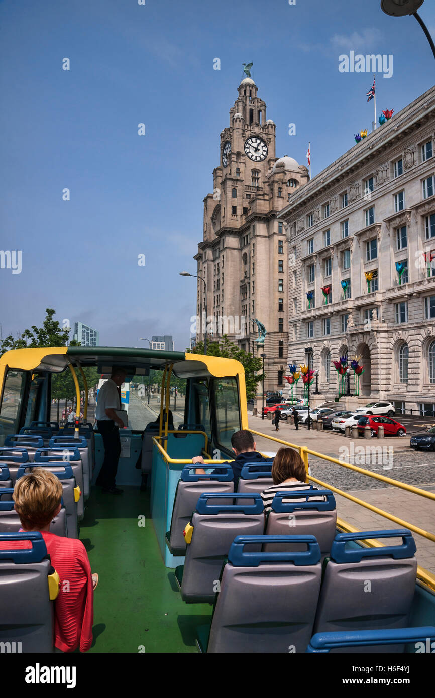 Liver Building from city tour bus, Liverpool, Merseyside, England; UK ...