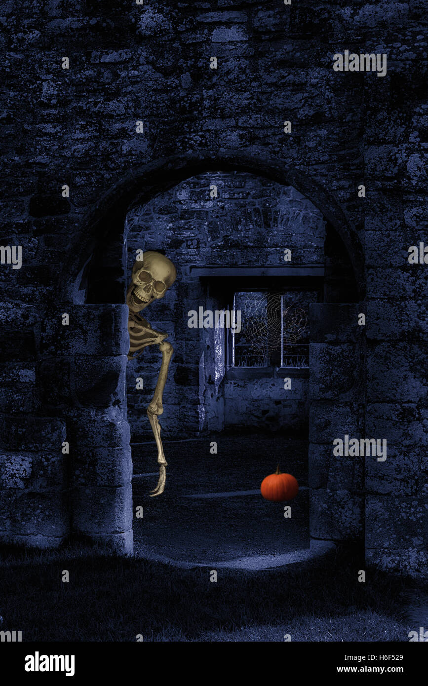 Skeleton in abbey ruins at Halloween Stock Photo - Alamy