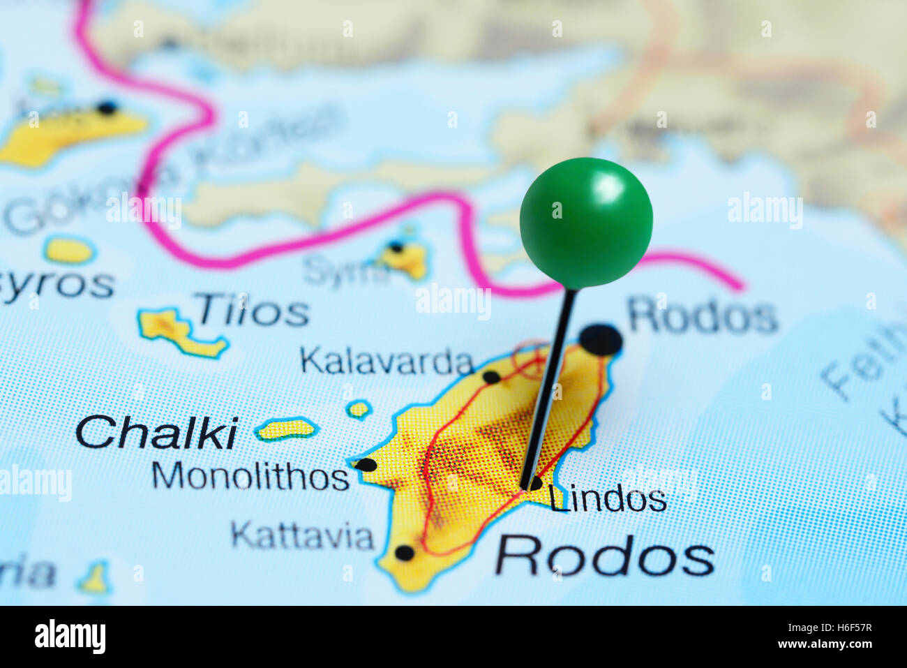 Lindos pinned on a map of Greece Stock Photo - Alamy