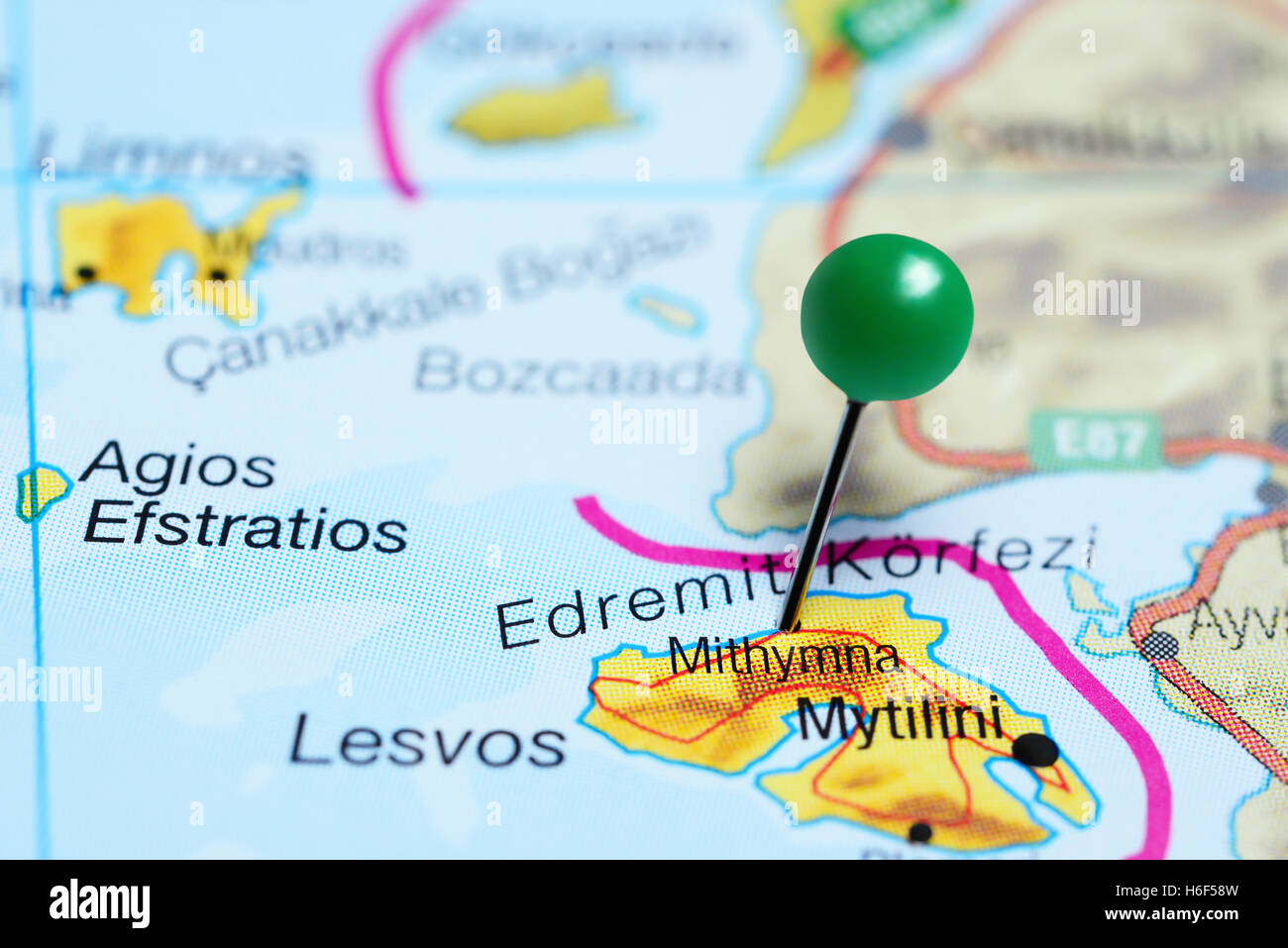 Mithymna pinned on a map of Greece Stock Photo - Alamy