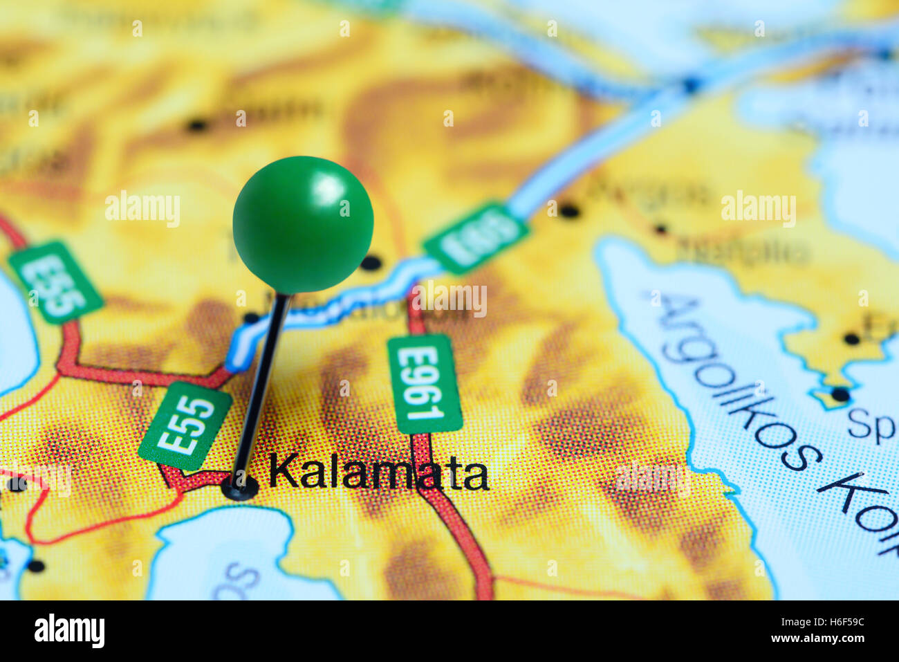 Kalamata pinned on a map of Greece Stock Photo - Alamy