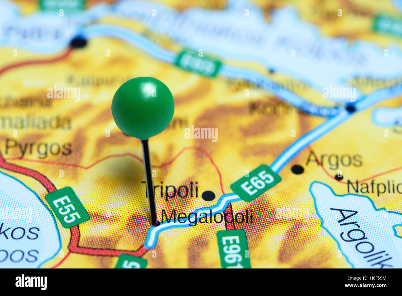 Megalopoli pinned on a map of Greece Stock Photo - Alamy
