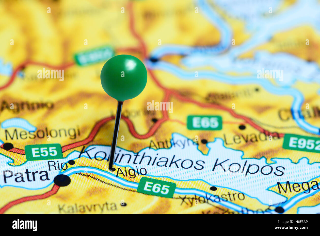 Aigio pinned on a map of Greece Stock Photo - Alamy