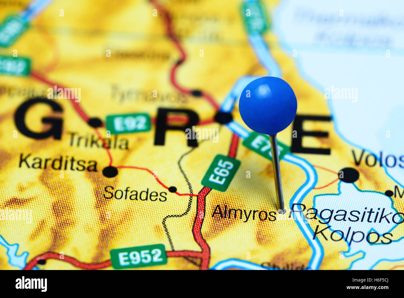 Almyros pinned on a map of Greece Stock Photo - Alamy