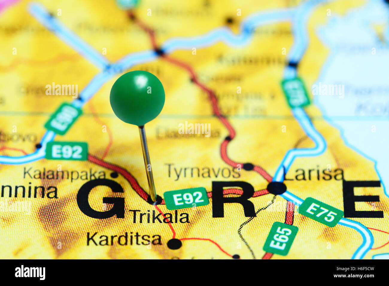 Trikala pinned on a map of Greece Stock Photo - Alamy