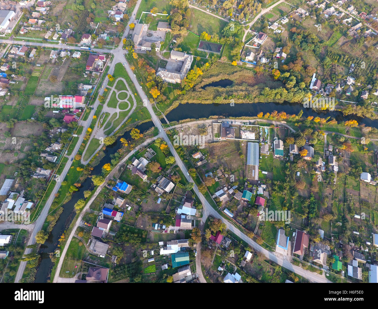 Top view of the village. One can see the roofs of the houses and ...