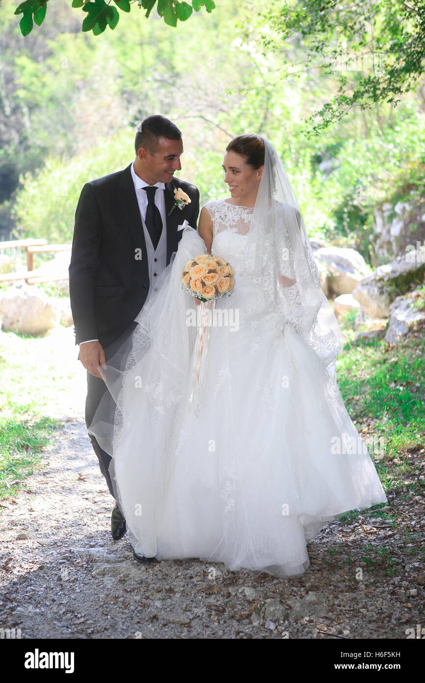 Happy bride and groom on their wedding day fabulous landscape Stock ...