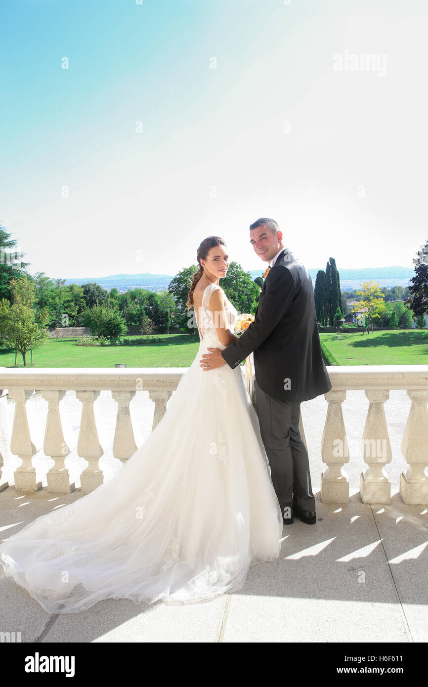 Happy bride and groom on their wedding day fabulous landscape Stock ...