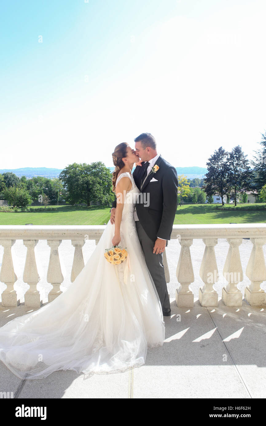 Happy bride and groom on their wedding day fabulous landscape Stock ...