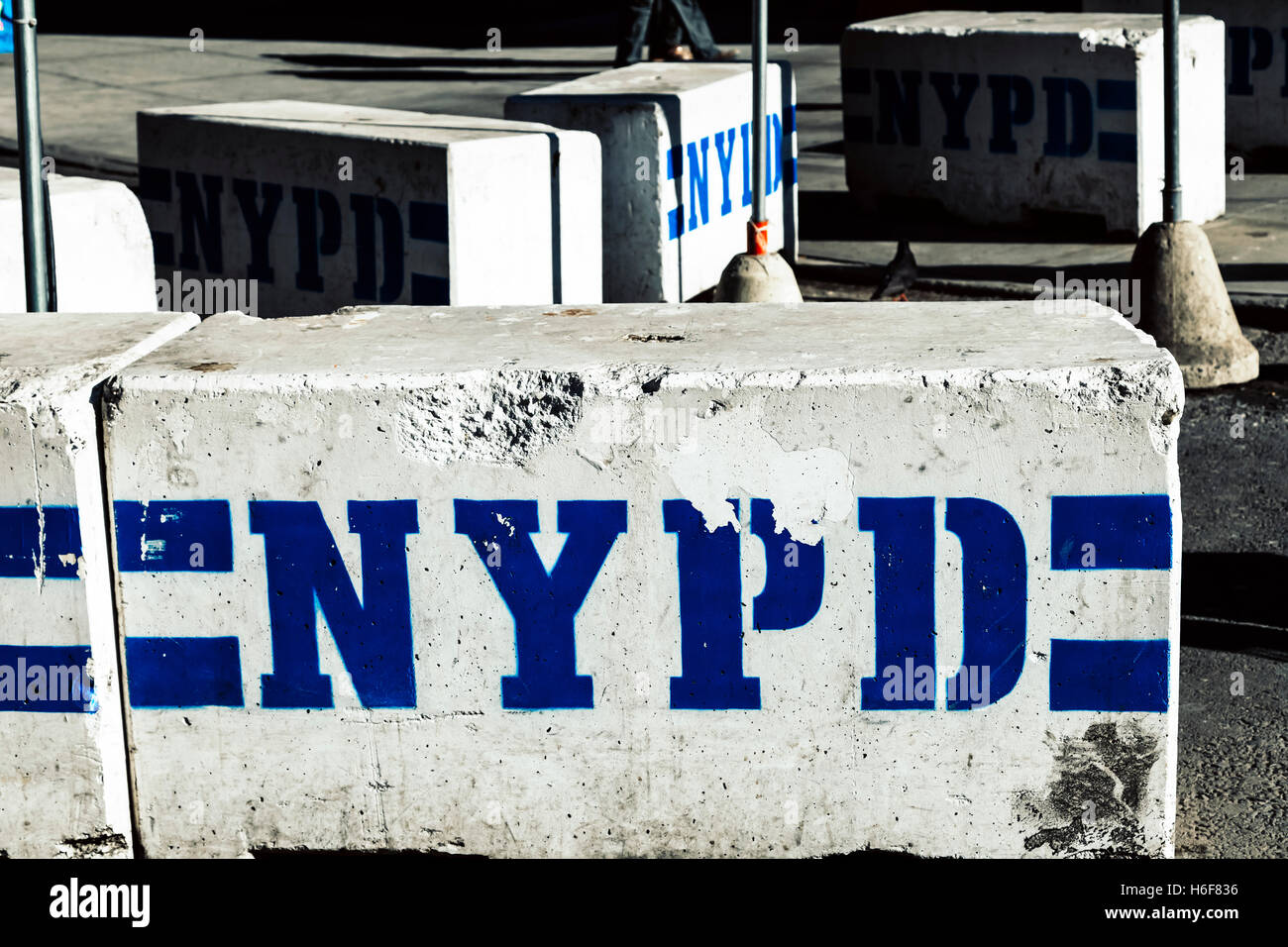 Concrete road blocks belonging to the New York Police Department Stock ...