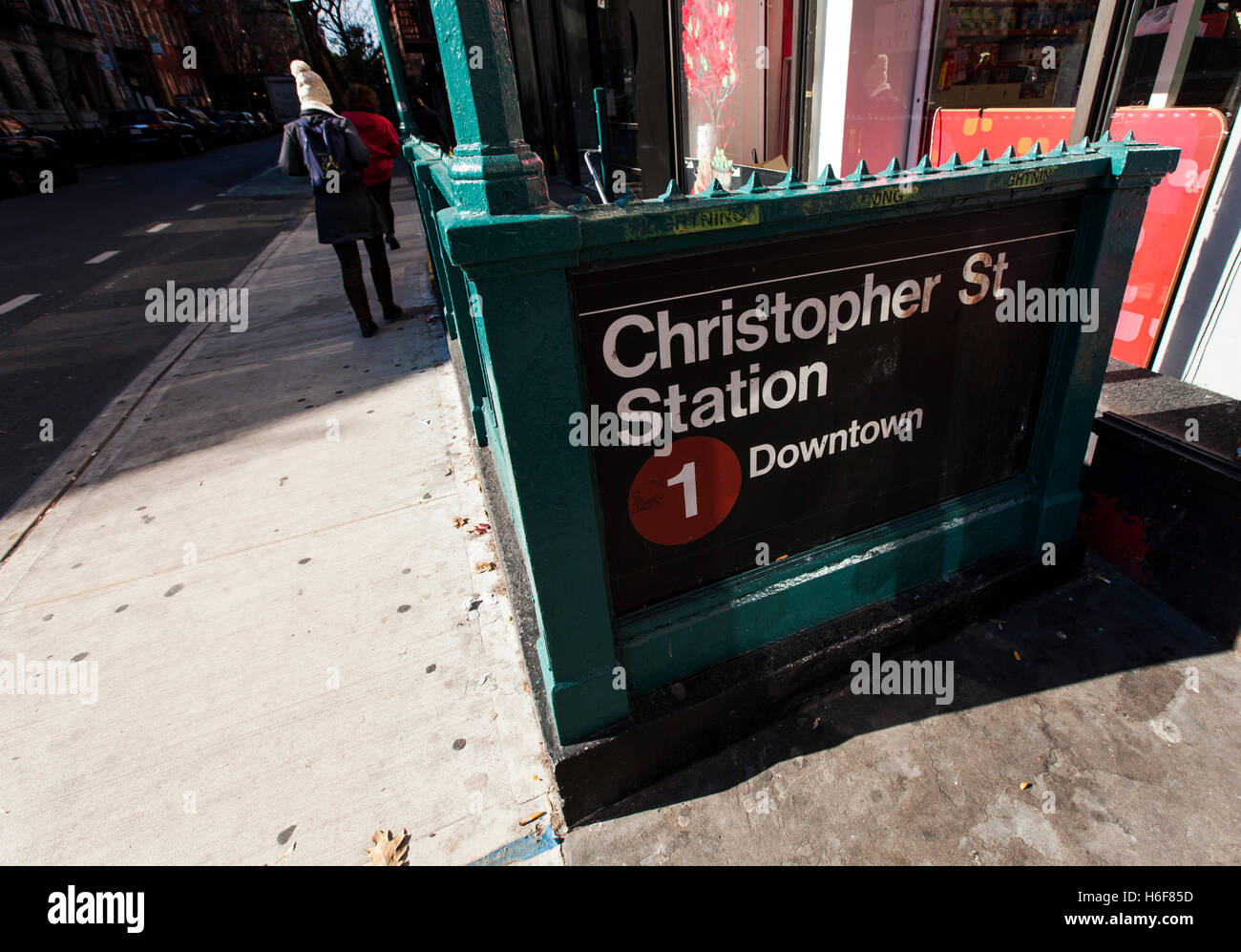 Sign depicting its the entrance to the Christopher St. subway station ...