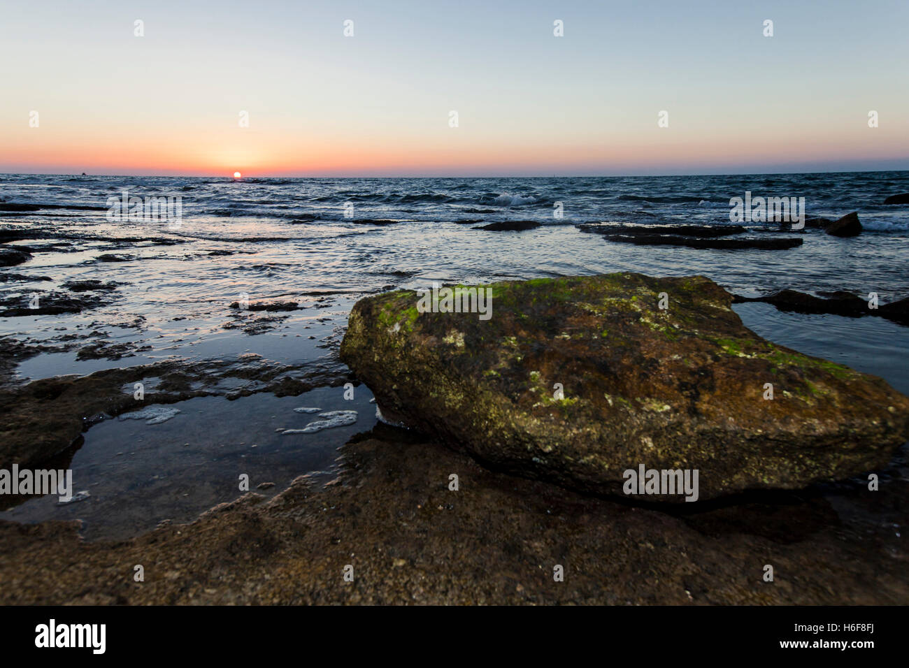 Algae covered rock overlooking the sunset illuminated sea Stock Photo ...