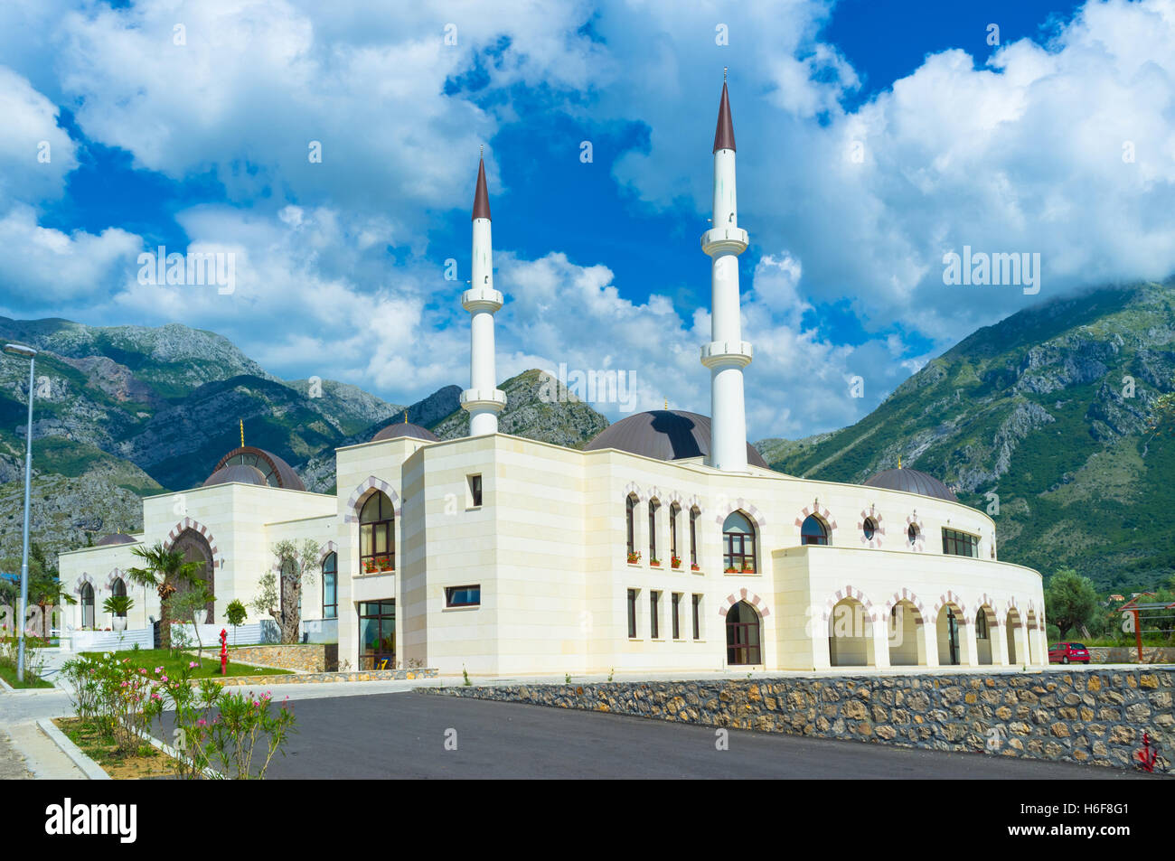 The large beautiful mosque located in the mountain valley next to the ...