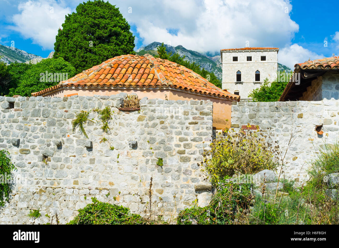 The stone walls and tiled roofs of the old town of Stari Bar ...