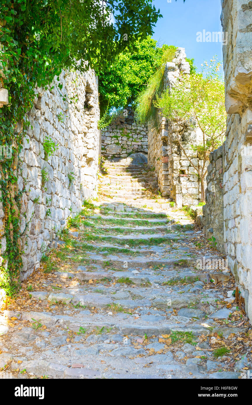 The old stone stairs leads to the highest level of the fortress, Stari ...