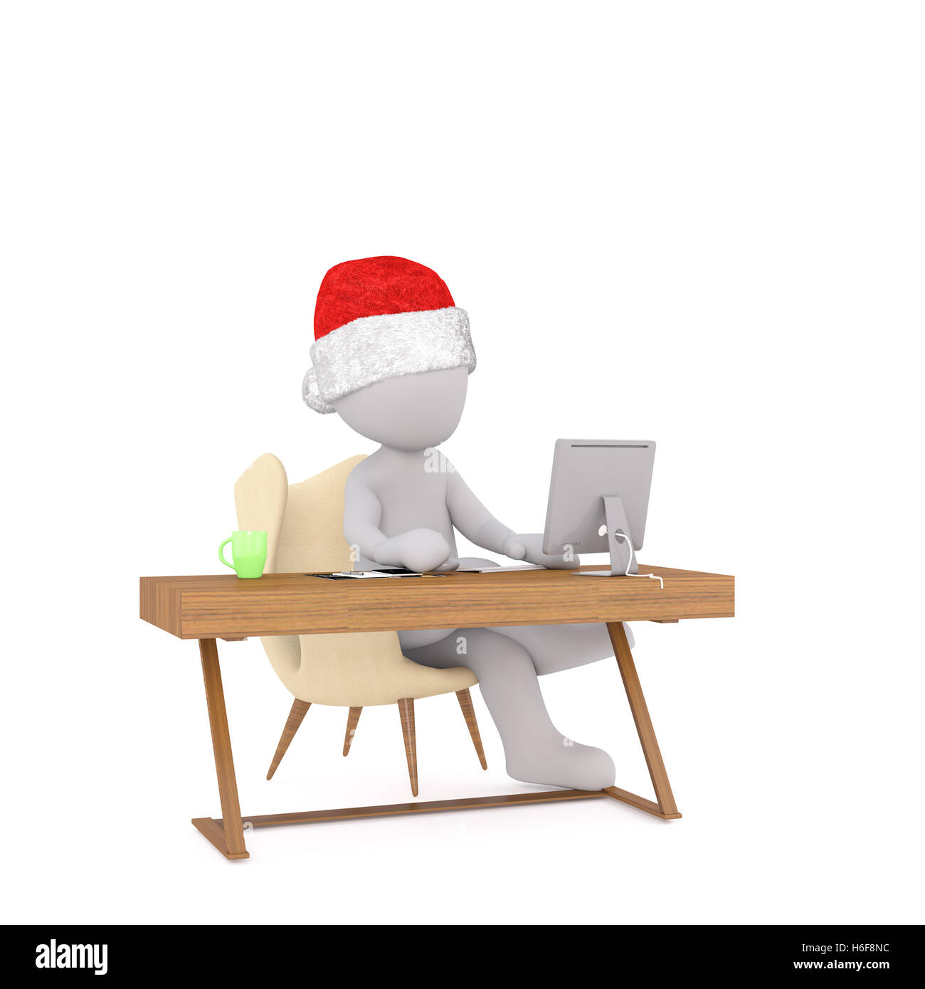 3D figure in red and white Christmas hat seated at simple wooden ...
