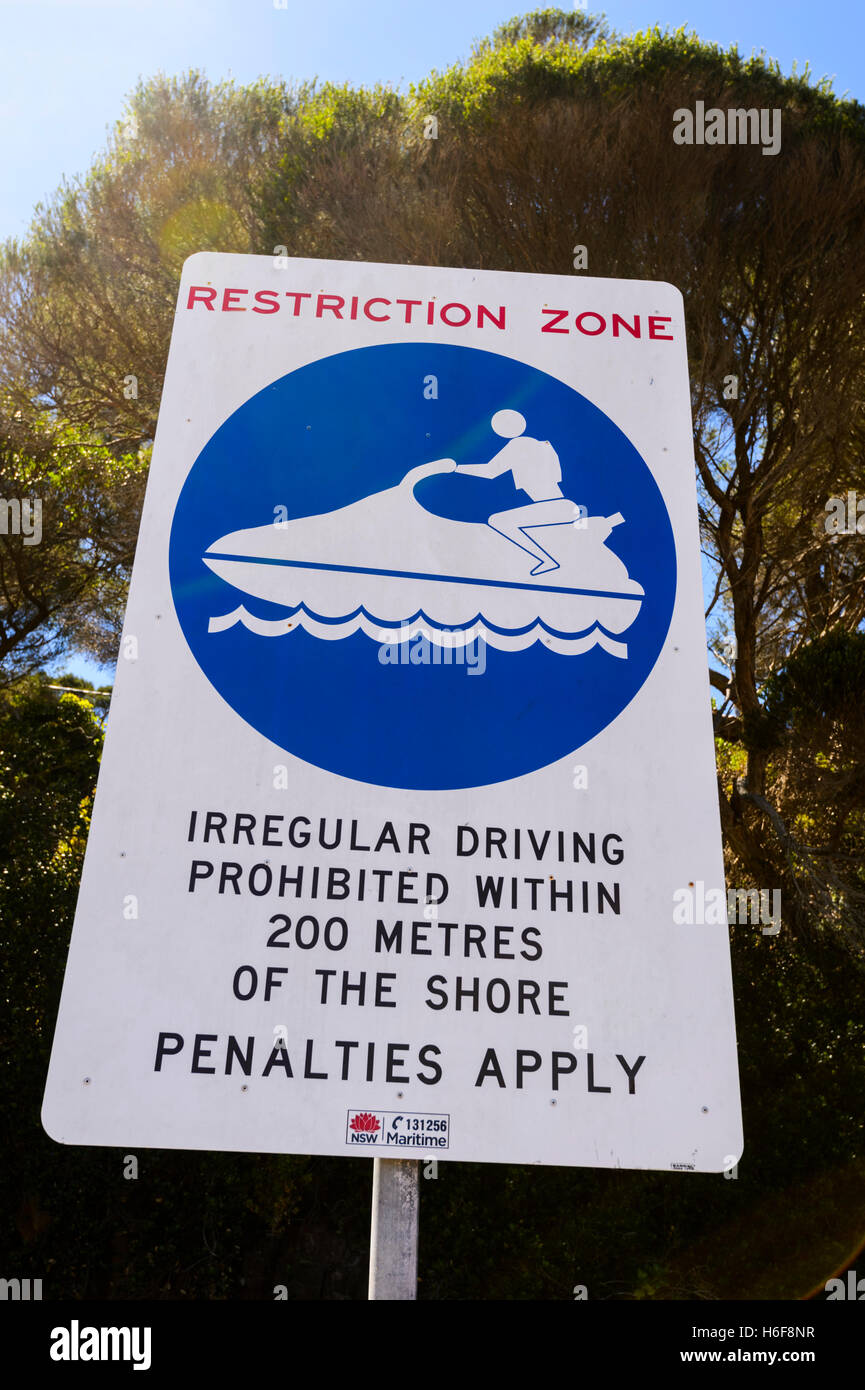 Warning Sign "Restriction Zone" for jet skis, Merimbula, New South ...