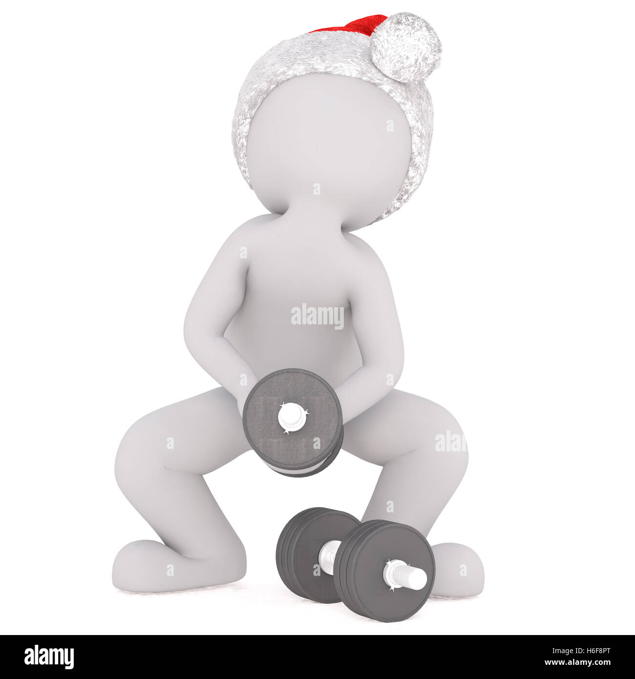 Weak 3D illustrated figure struggles with dumbbell against a white ...